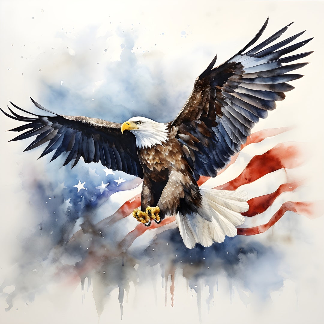 Bald Eagle Soaring With American Flag Watercolor - Etsy