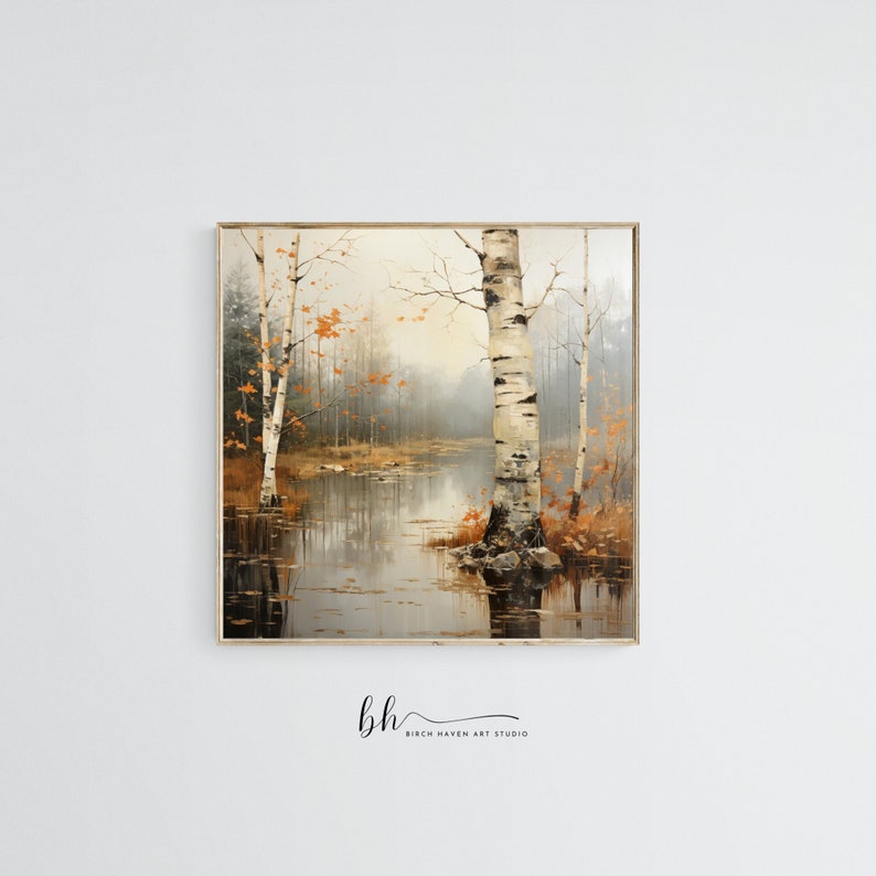 Birch Tree by the Riverside I Autumn Wall Art I Fall Landscape Painting ...