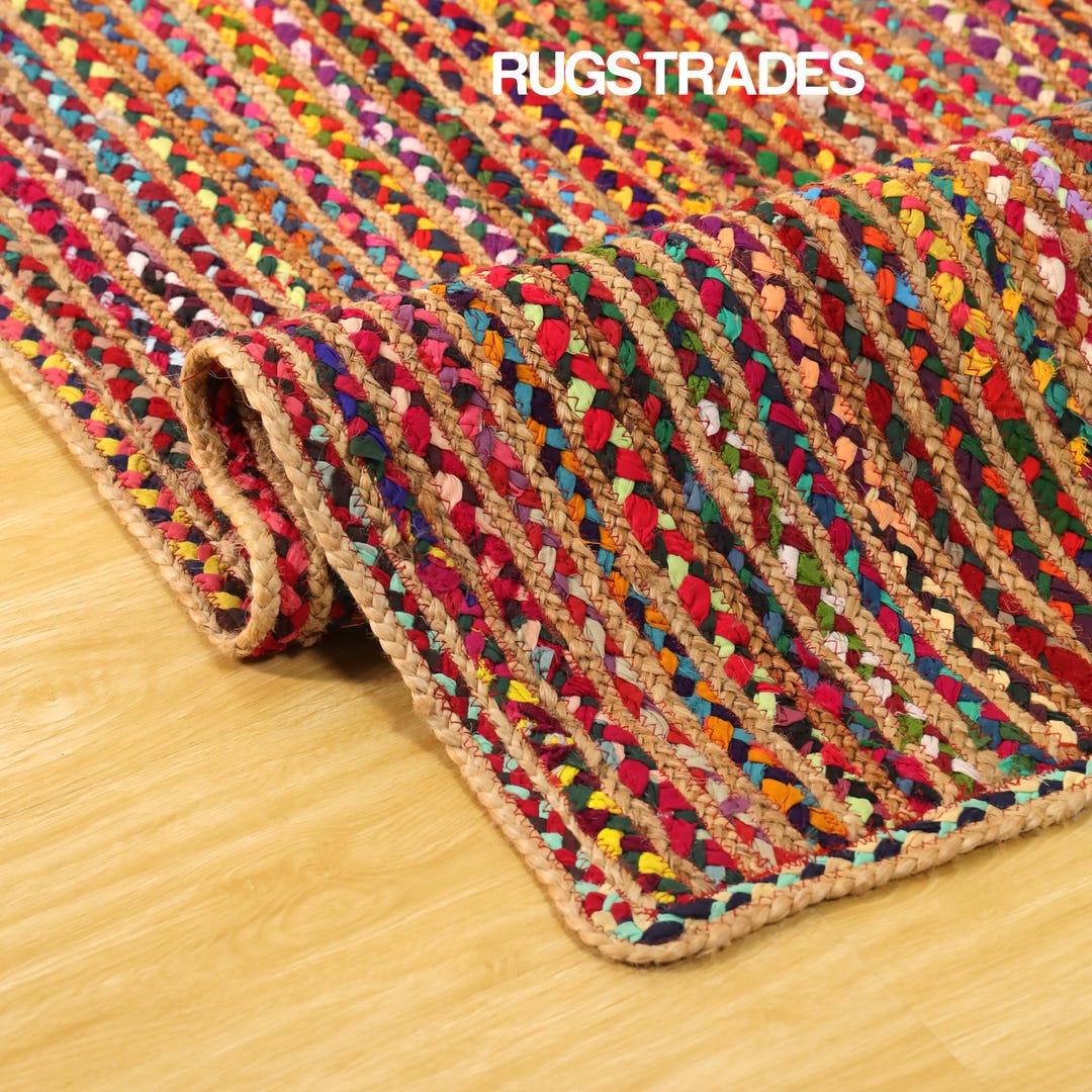 Rainbow Jute Braided Chindi Rug – Handmade Colorful Floor Mat, Eco ...