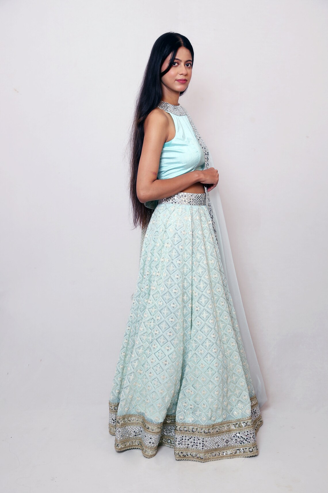 Ice Blue Georgette Lehenga Set Raw Silk Designer Blouse With - Etsy