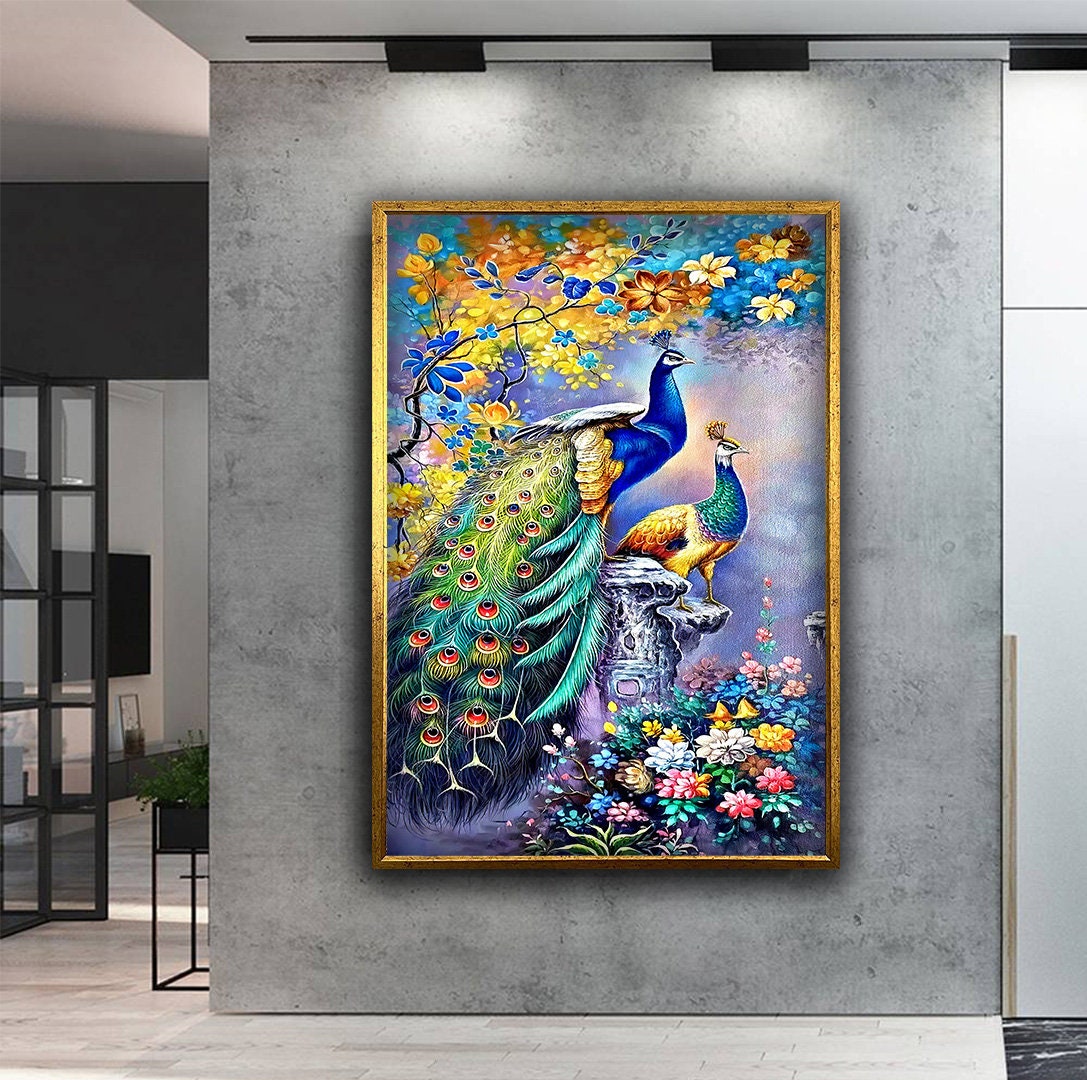 Peacock Wall Art, Peacocks in Flowers Canvas Print, Colorful Peacock ...