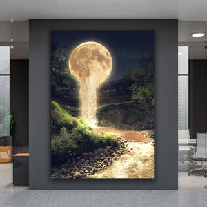 Full Moon Waterfall Canvas Print, Full Moon Canvas Art, Surreal ...