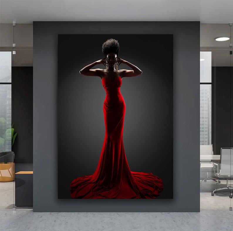 Black Woman in Red Dress Canvas Print, Elegant Black Woman Canvas Painting, Black and Red Wall ...
