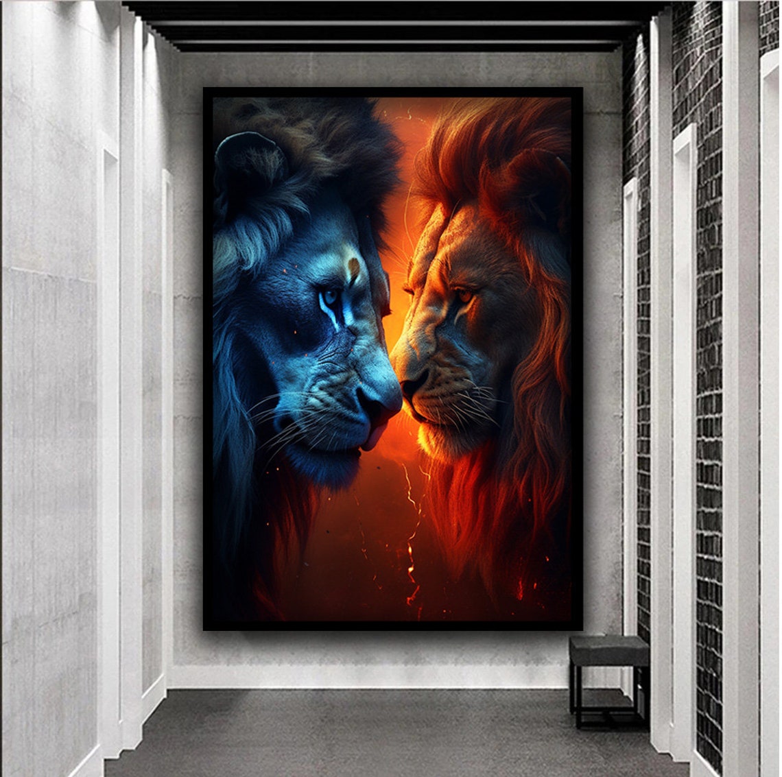 Fire and Water Lion Canvas Art, Lion Wall Art, Fire and Water Canvas ...
