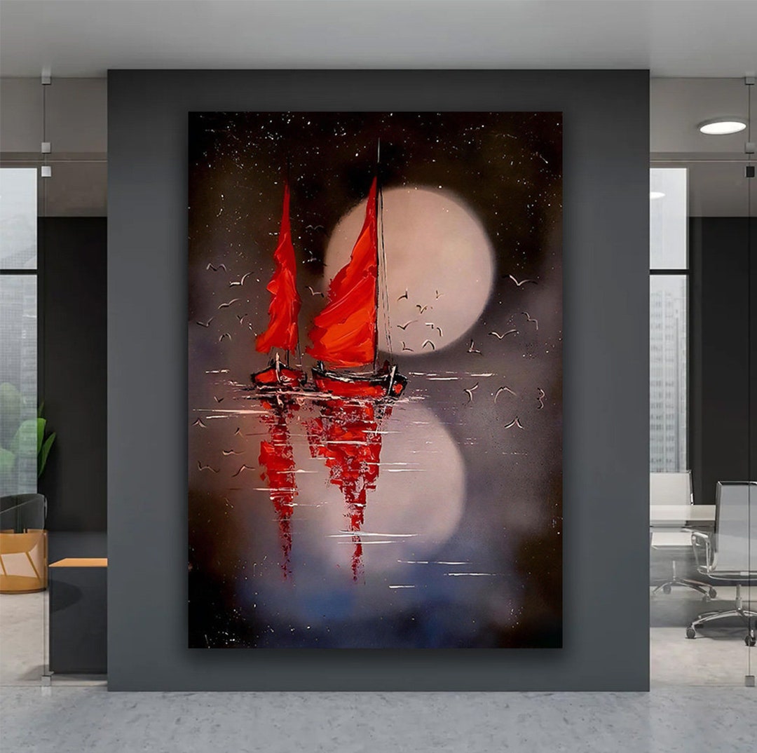 Red Sail Canvas Painting, Abstract Sailing Ship Wall Art, Sailboats ...