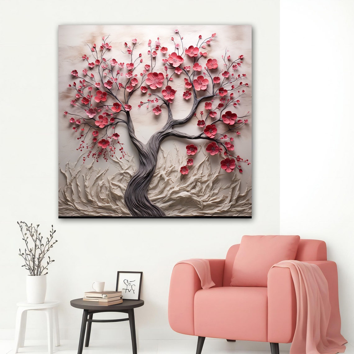 Pink Blossoming Tree Canvas, Flowers Canvas Painting, Pink Flower ...