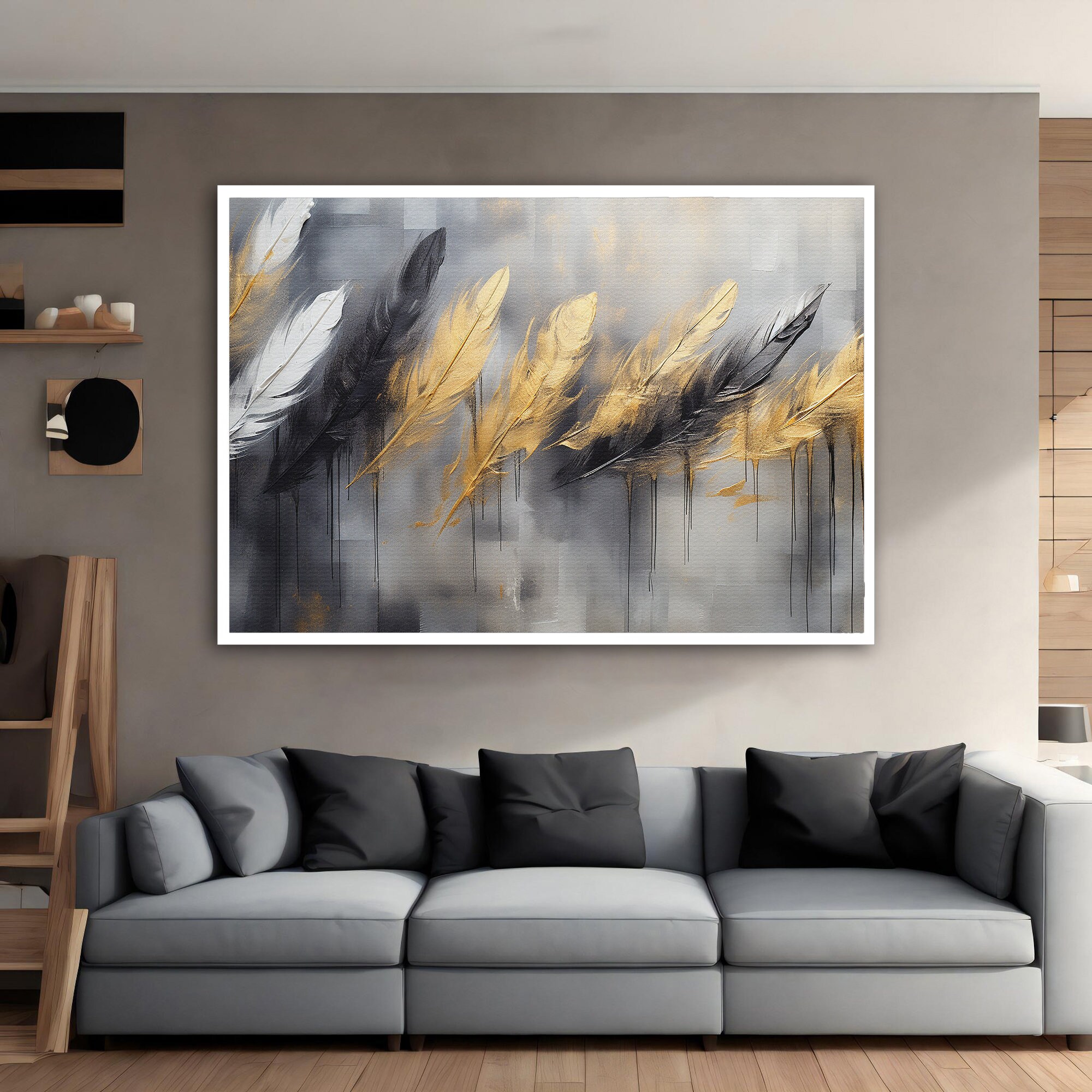 Feather Canvas, Abstract Feather Poster, Black and Gold Feather Wall ...