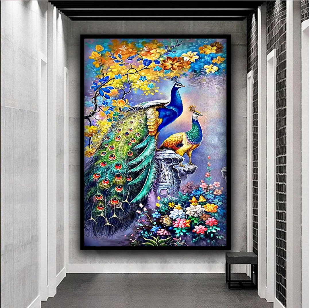 Peacock Wall Art, Peacocks in Flowers Canvas Print, Colorful Peacock ...