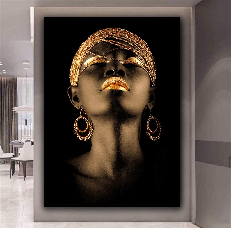 African Woman Wall Decor, Gold African Canvas Wall Art, African Gold Lip, Black Woman Canvas Art ...