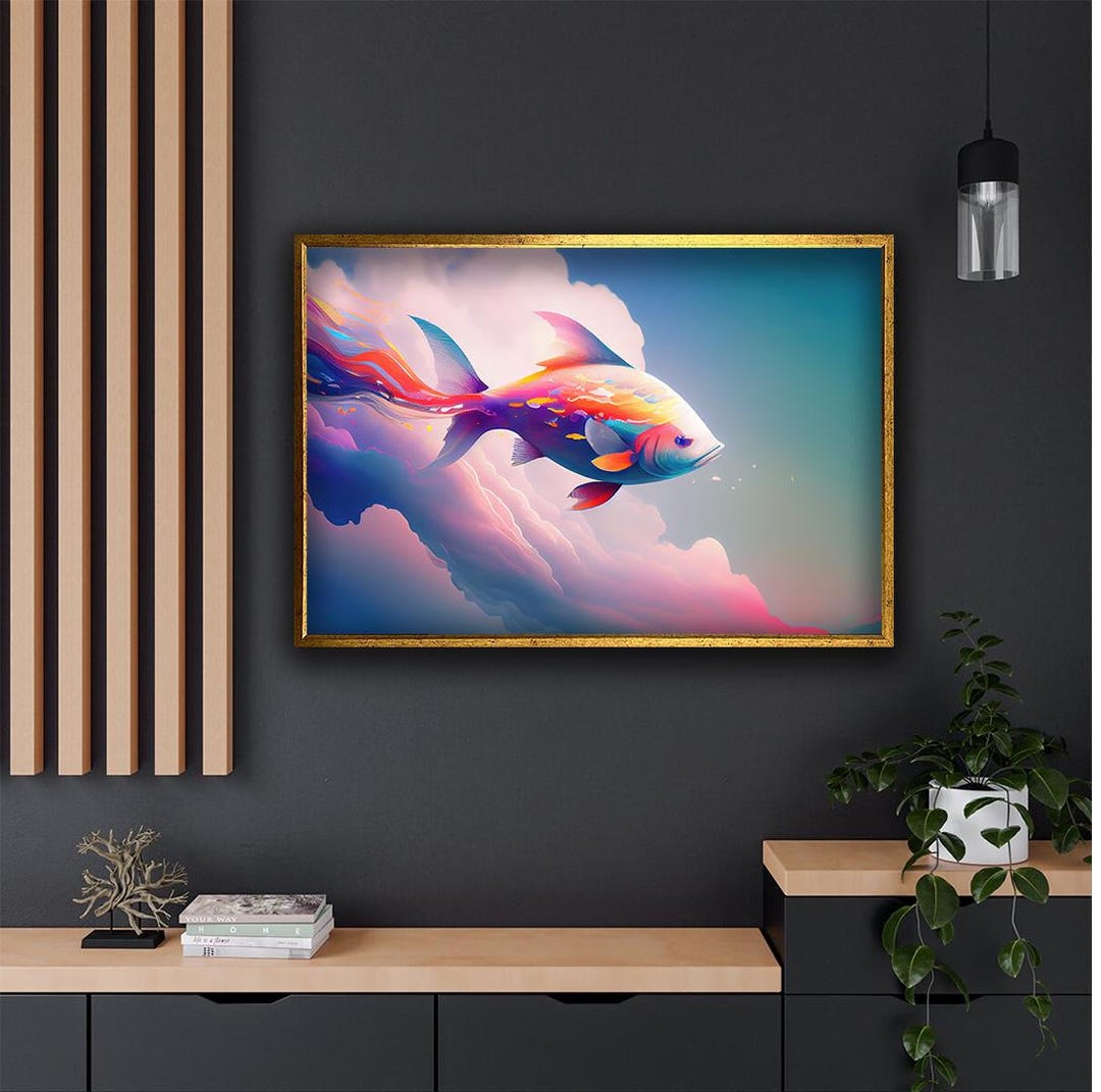 Colorful Fish Canvas Art Print, Fish Flying in Clouds Canvas, Ocean ...