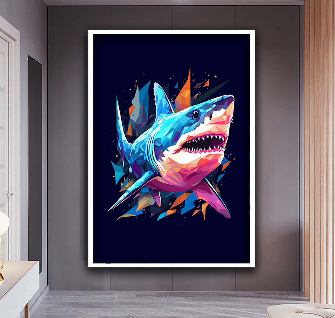 Colorful Shark Canvas Wall Art, Colorful Shark Portrait Canvas Print ...