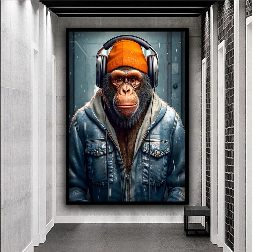 Monkey Canvas Print, Monkey With Headphones Wall Art, Monkey With ...