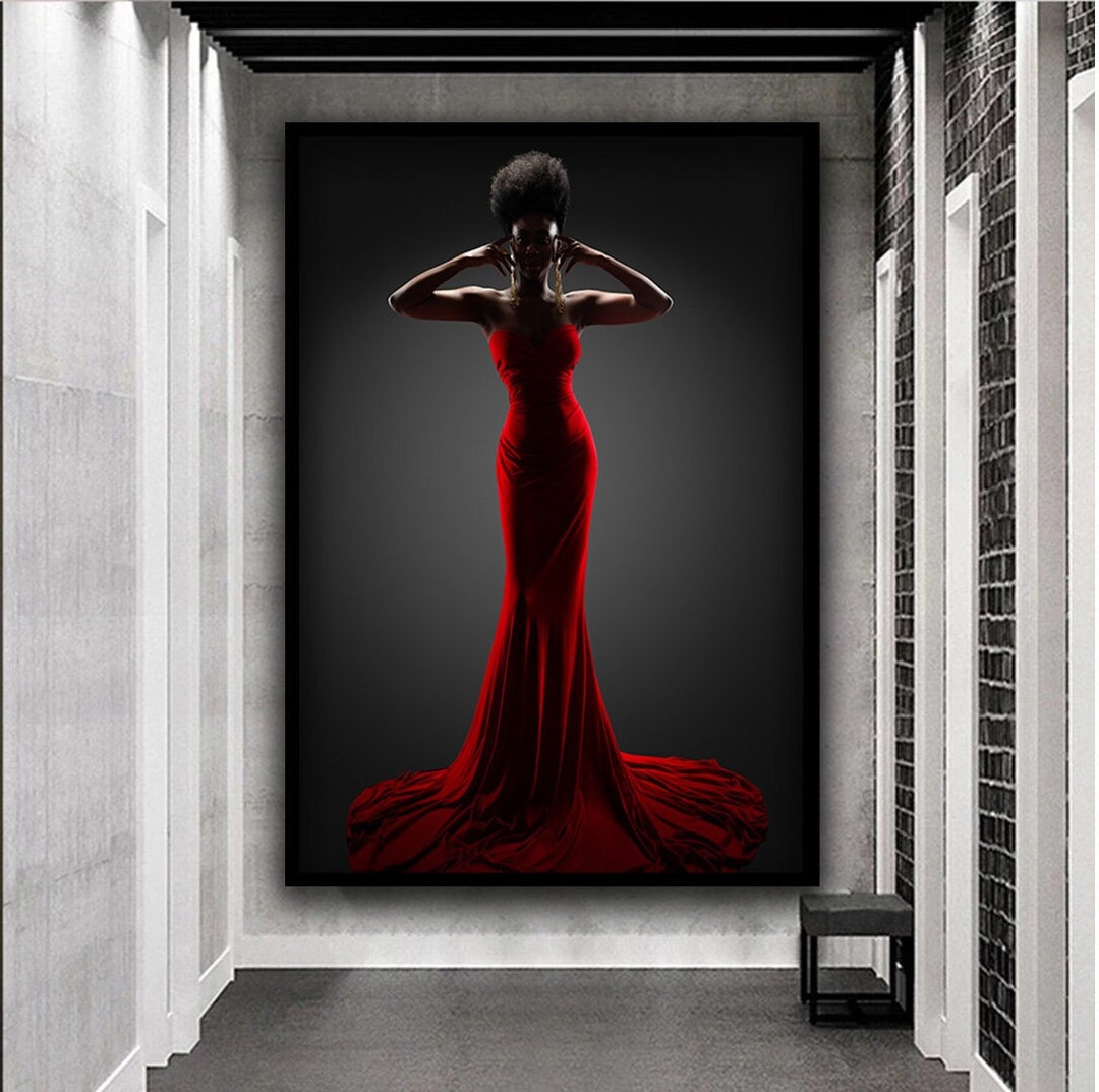 Black Woman in Red Dress Canvas Print, Elegant Black Woman Canvas Painting, Black and Red Wall ...