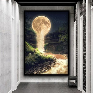 Full Moon Waterfall Canvas Print, Full Moon Canvas Art, Surreal ...