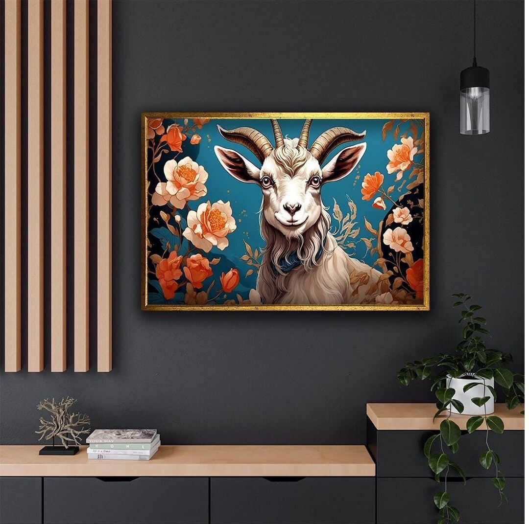 Goat Canvas Print, White Goat Wall Art, Goat With Flower Canvas Art ...