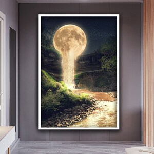 Full Moon Waterfall Canvas Print, Full Moon Canvas Art, Surreal ...