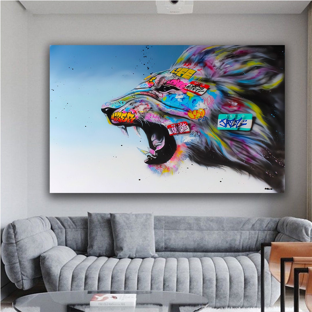 Roaring Lion Graffiti Canvas Art, Lion Graffiti Wall Art, Lion Pop Art ...