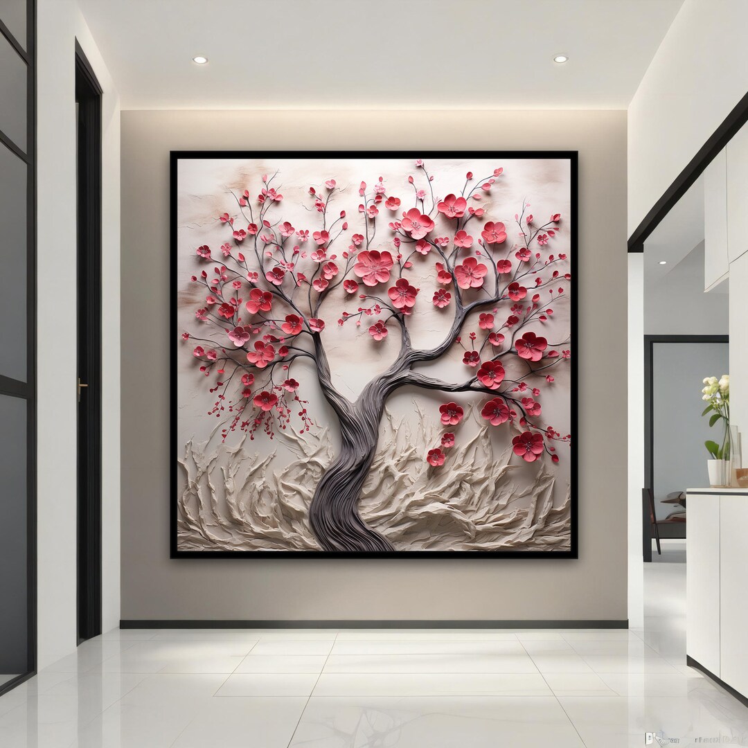 Pink Blossoming Tree Canvas, Flowers Canvas Painting, Pink Flower ...