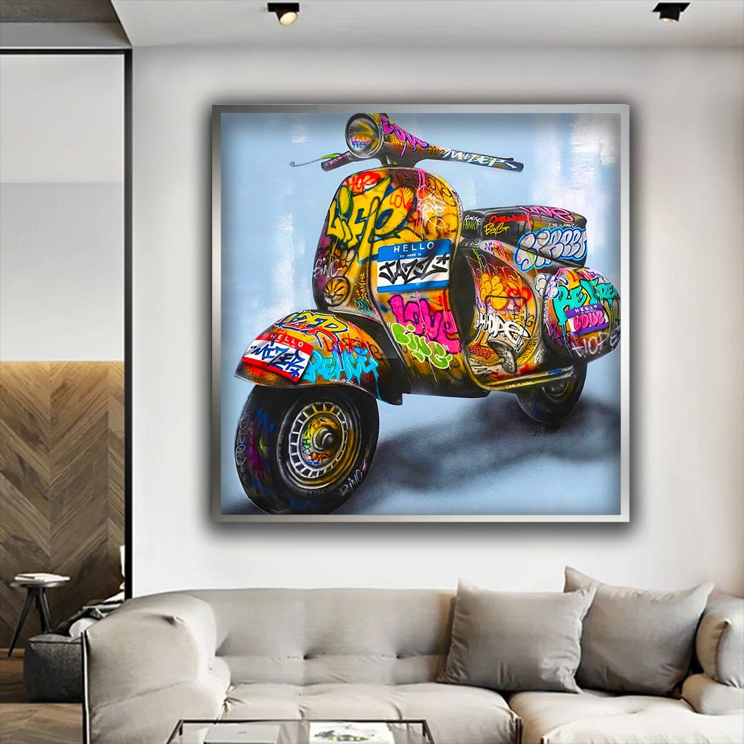 Graffiti Motorcycle Canvas Painting, Banksy Motorcycle Street Art ...