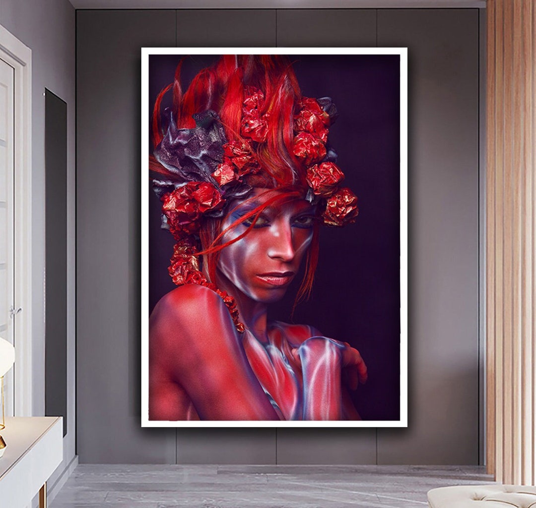 Woman With Red Flower Head Canvas Painting, Red Woman Wall Art, Red ...