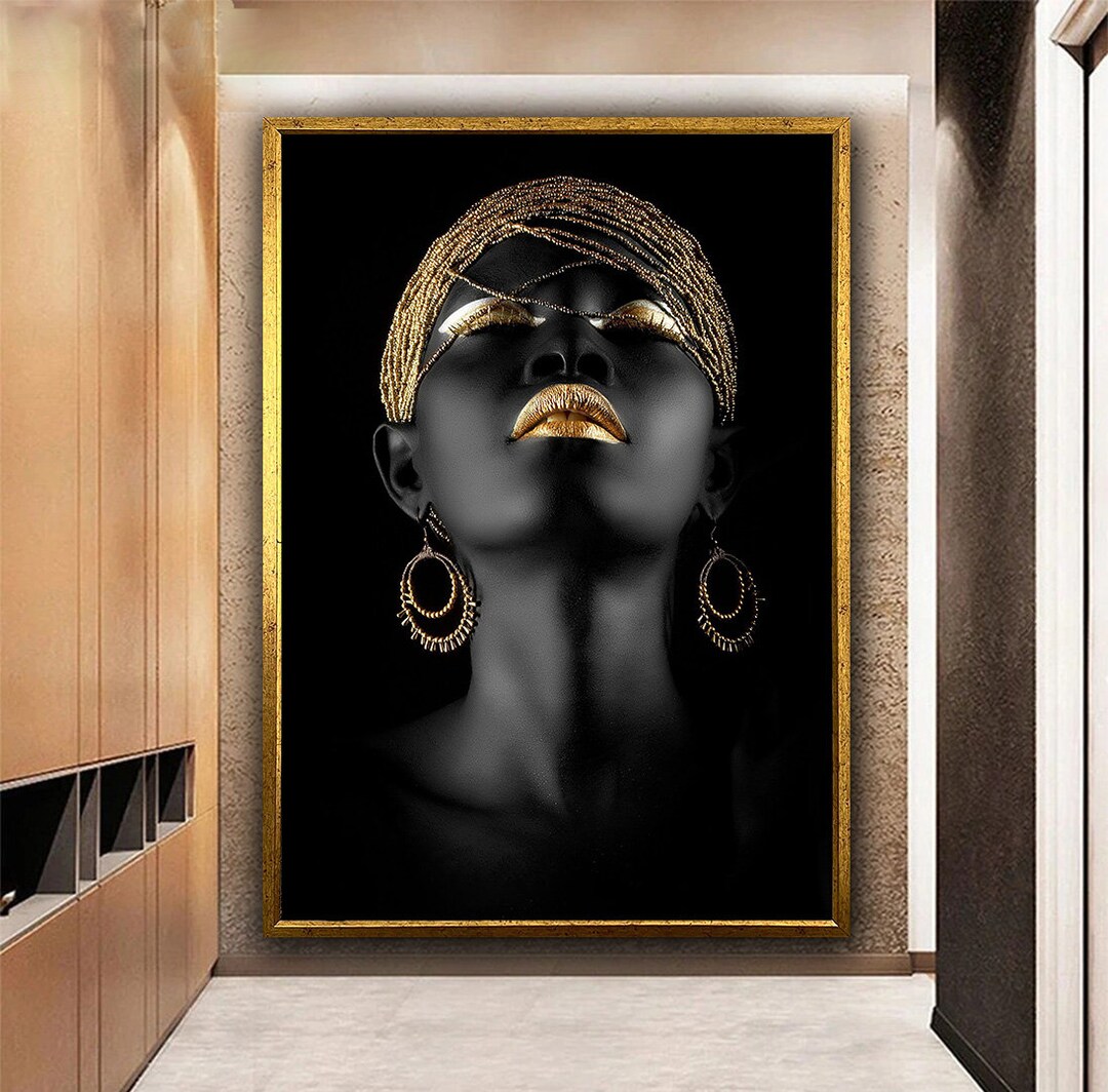 Dark African Woman Wall Decor, Gold African Canvas Wall Art, African Gold Lip, Black Woman ...