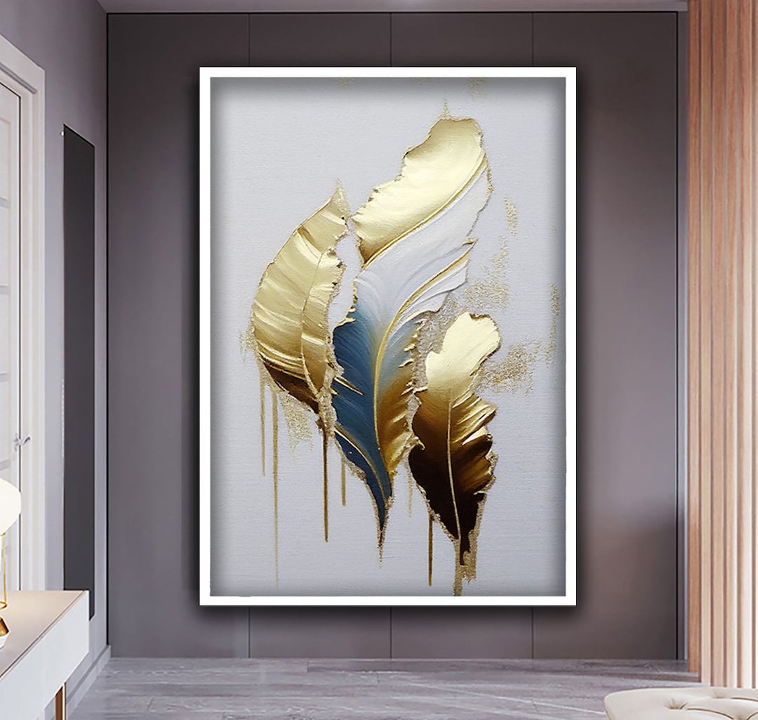 Feather Canvas Art, Abstract Feather Poster, Blue and Gold Feather Wall ...