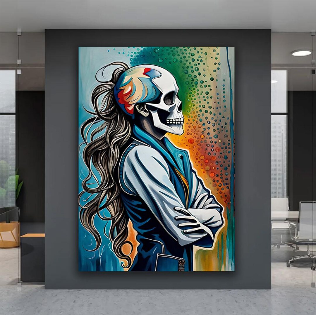 Skeleton With Hair Canvas Art, Skull Head Canvas Print, Skeleton Woman ...