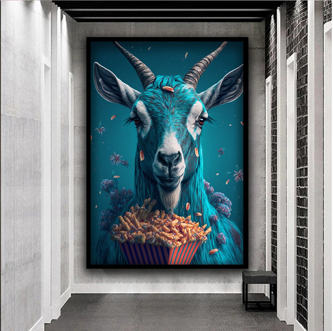 Goat Canvas Print, Blue Goat Wall Art, Goat With Flower Canvas Art ...