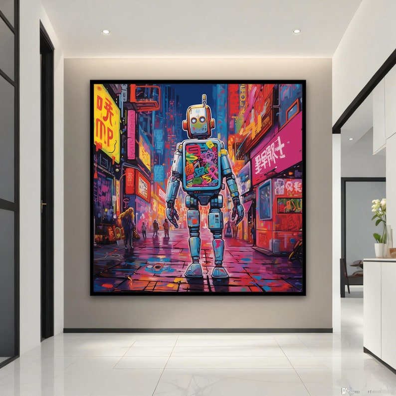 Colorful Graffiti Robot Canvas Art, Abstract Robot Grafitti Poster ...