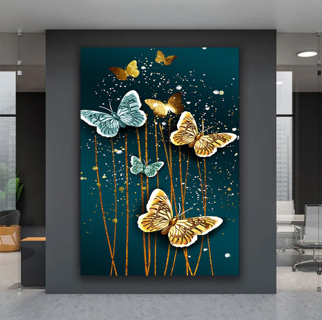 Gold and Blue Butterflies Canvas Painting, Butterflies Canvas Art ...