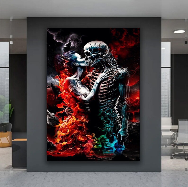 Girl Kissing Skeleton Canvas Art, Skeleton Couple Wall Art, Hugging ...