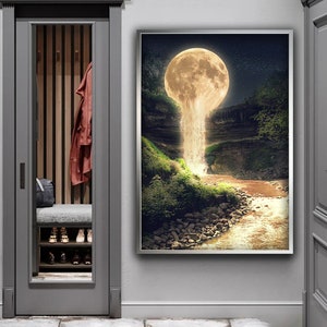 Full Moon Waterfall Canvas Print, Full Moon Canvas Art, Surreal ...