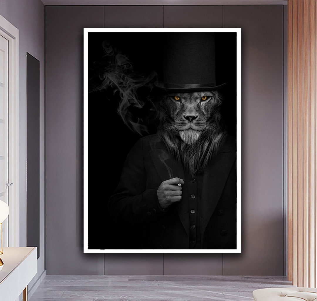 Gangster Lion Canvas Print, Lion in Suit Canvas, Lion Smoking Cigar ...