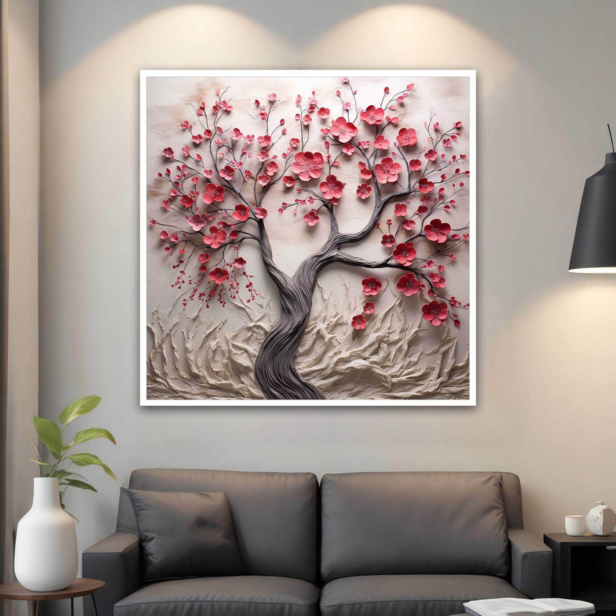 Pink Blossoming Tree Canvas, Flowers Canvas Painting, Pink Flower ...