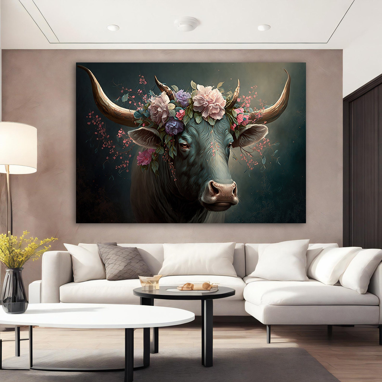Bull With Flower Crown Canvas Painting, Black Bull Wall Art, Bull Home ...