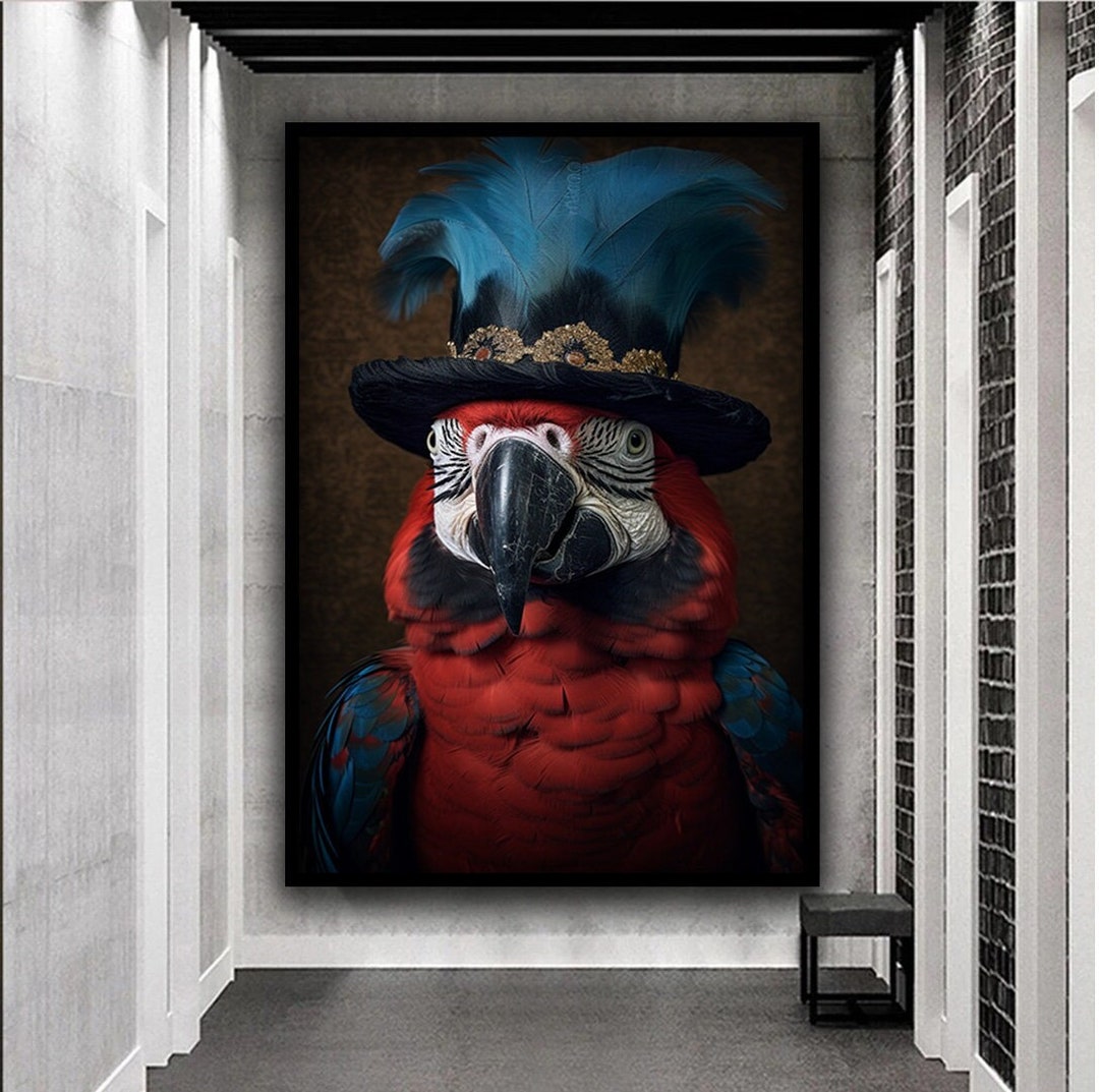 Parrot Canvas Art, Parrot in a Hat Wall Art, Red and Blue Parrot Canvas ...