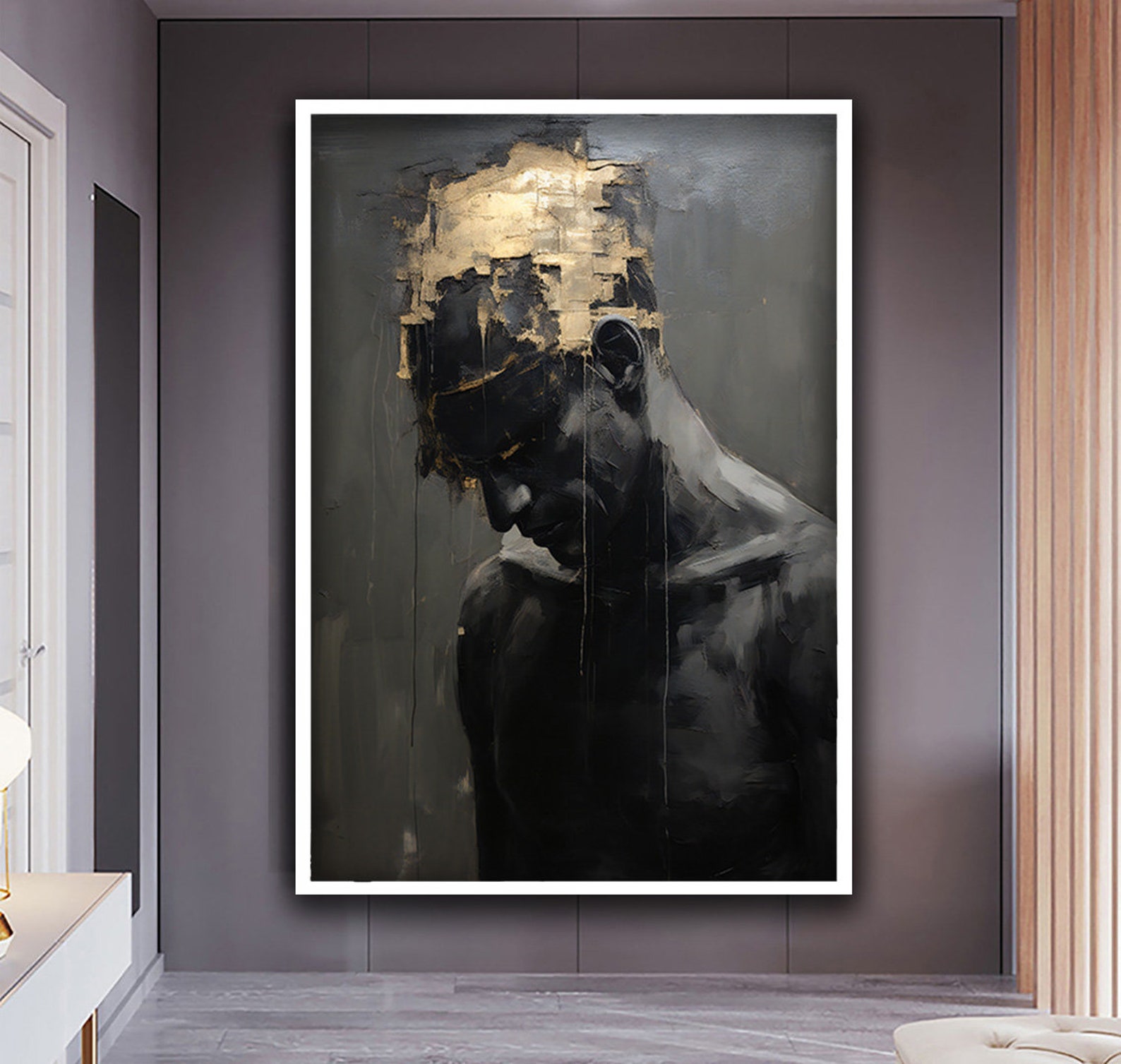 Abstract Man Canvas Painting, Black and Gold Man Canvas Art, Man Wall ...