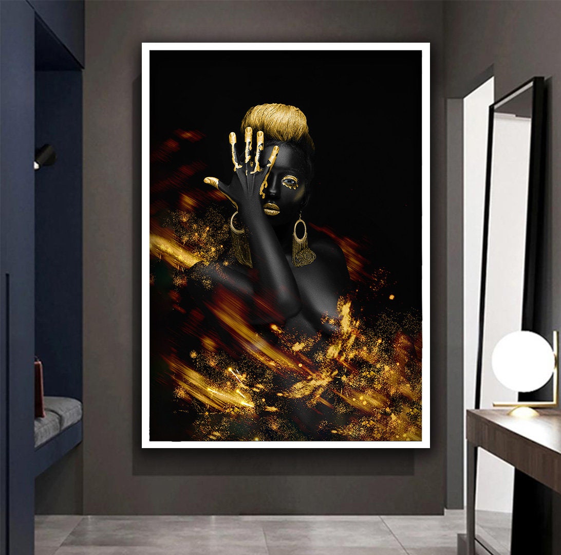 African Woman Canvas Art, Black Woman Canvas, Gold Color Woman Wall Art, Black and Gold Canvas ...