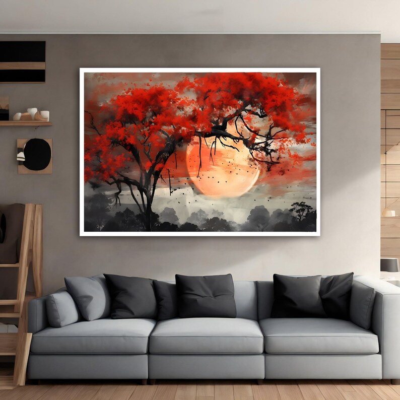 Red Tree Canvas Art, Red Tree at Full Moon Wall Art, Red Tree Poster ...