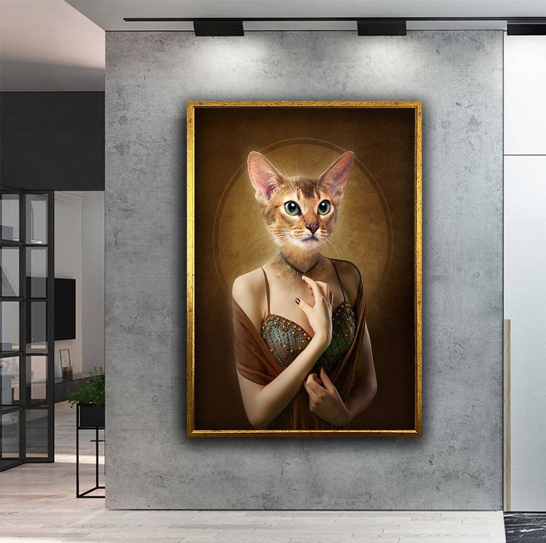 Cat Headed Woman Canvas Art, Cat in Dress Canvas Print, Cat Vintage ...