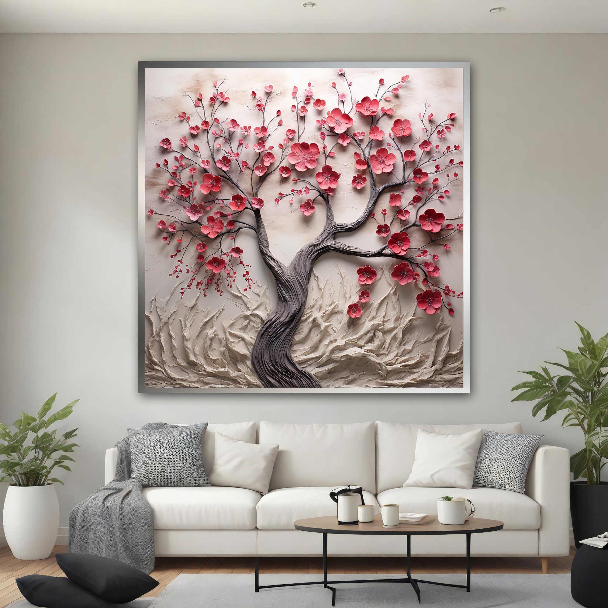 Pink Blossoming Tree Canvas, Flowers Canvas Painting, Pink Flower ...