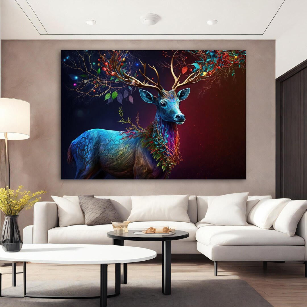 Blue Deer Canvas Painting With Colored Lights, Deer Portrait Canvas ...