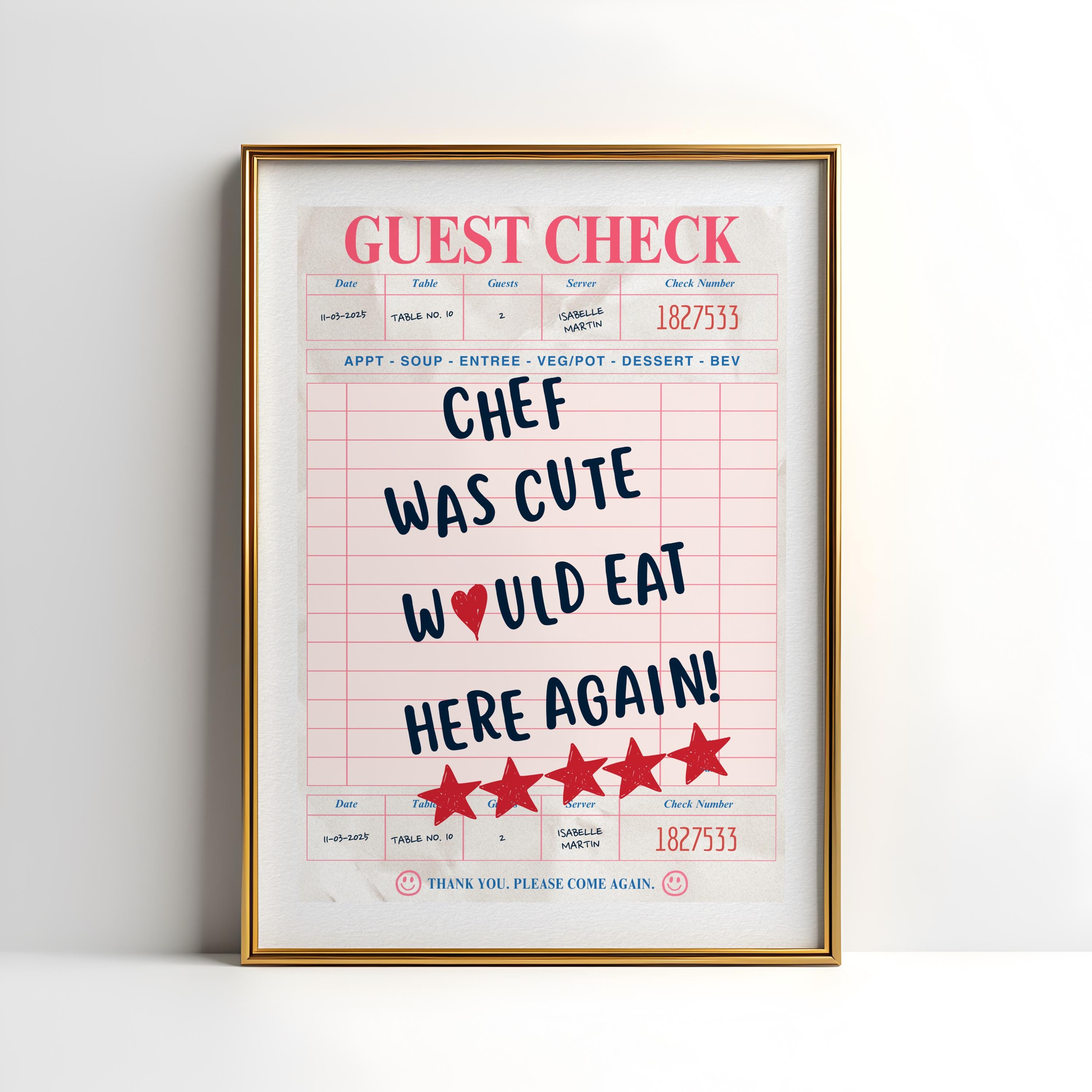 Chef Was Cute Guest Check Pink Print, Funny Kitchen Art, Retro Diner ...