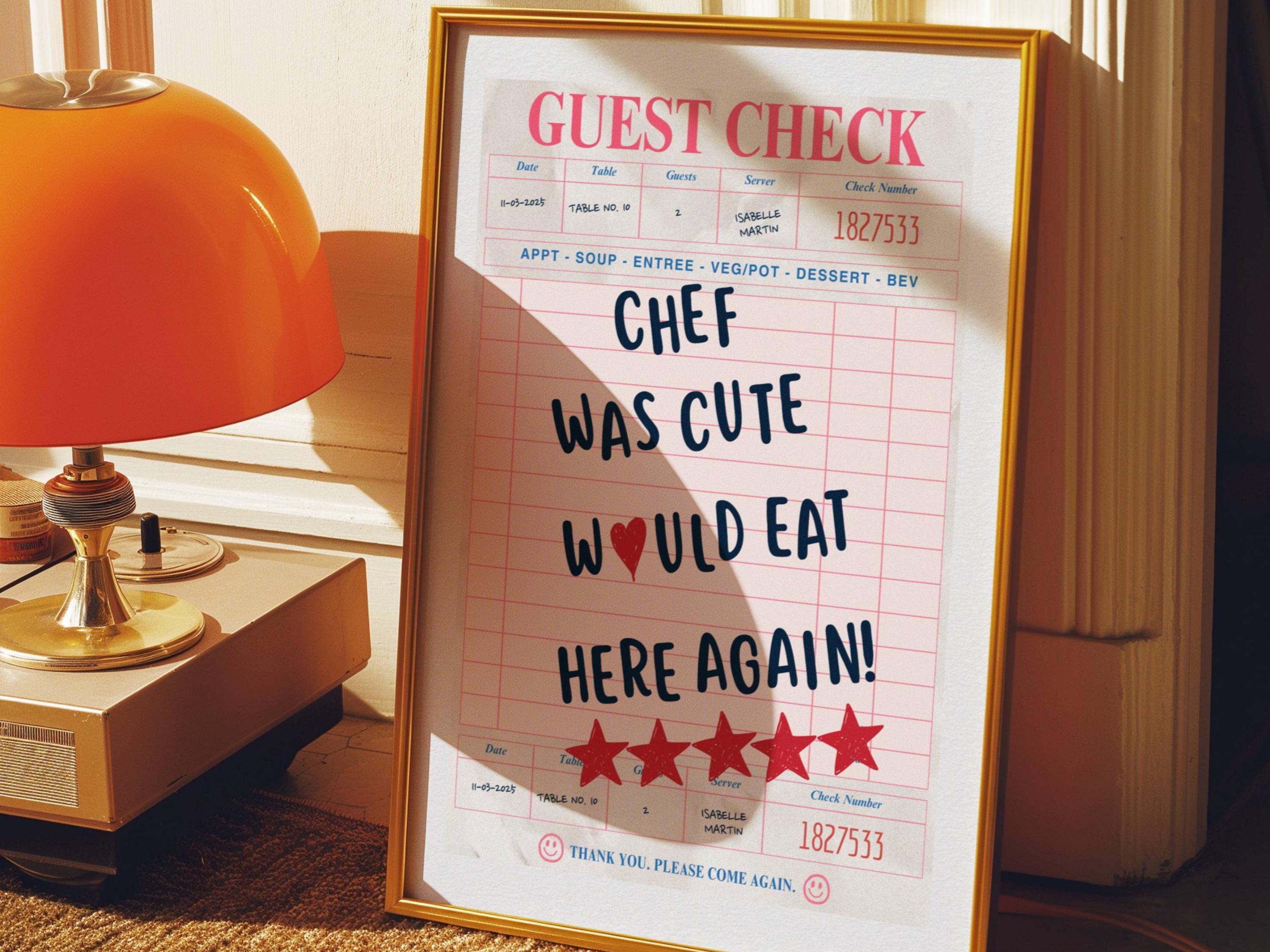 Chef Was Cute Guest Check Pink Print, Funny Kitchen Art, Retro Diner ...