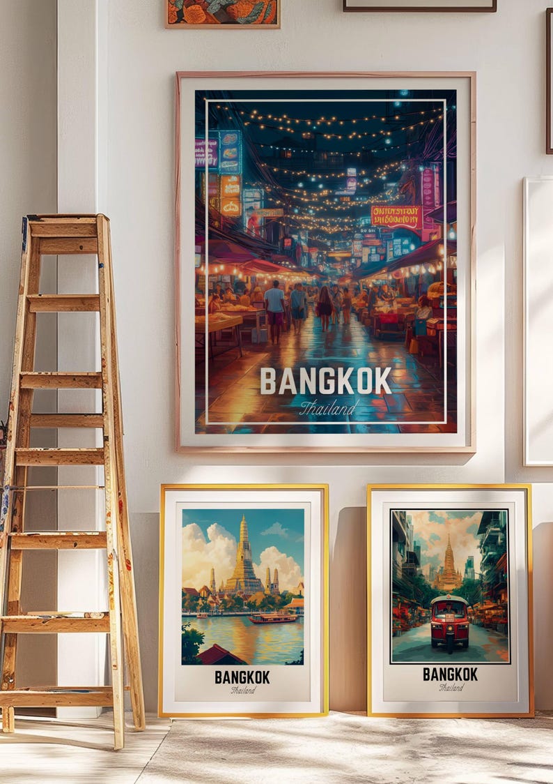 3 Bangkok Retro Travel Posters Set, Wat Arun Vintage Thailand Wall Art ...