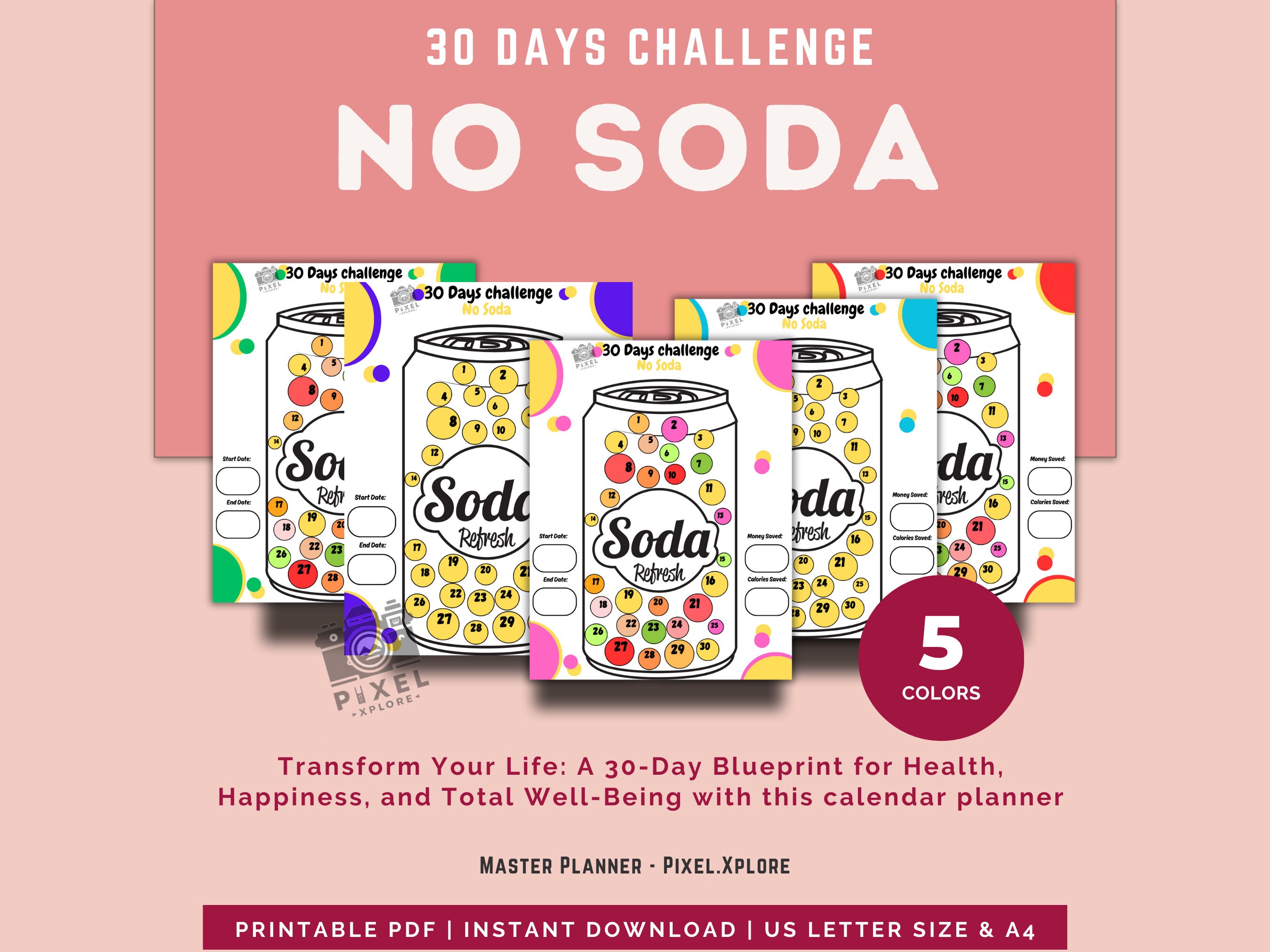 30 Day Challenge No Soda Tracker Healthy Food Planner Calendar Fitness ...