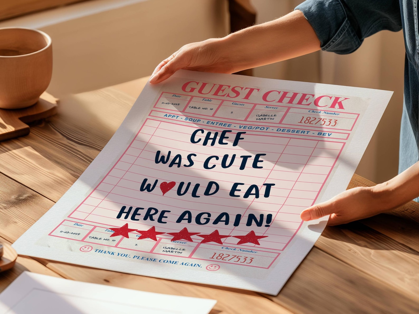 Chef Was Cute Guest Check Pink Print, Funny Kitchen Art, Retro Diner ...