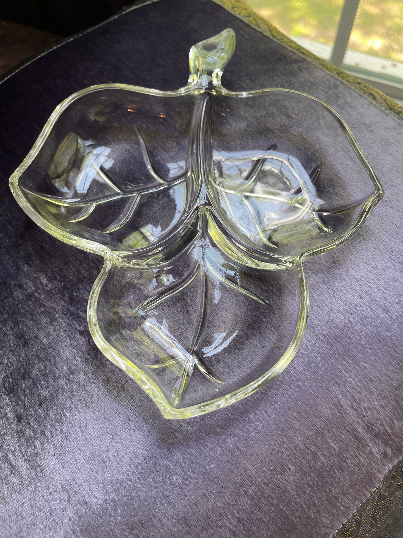 Vintage 1970 Clear Glass Leaf Shape Relish Tray Divided on Three ...
