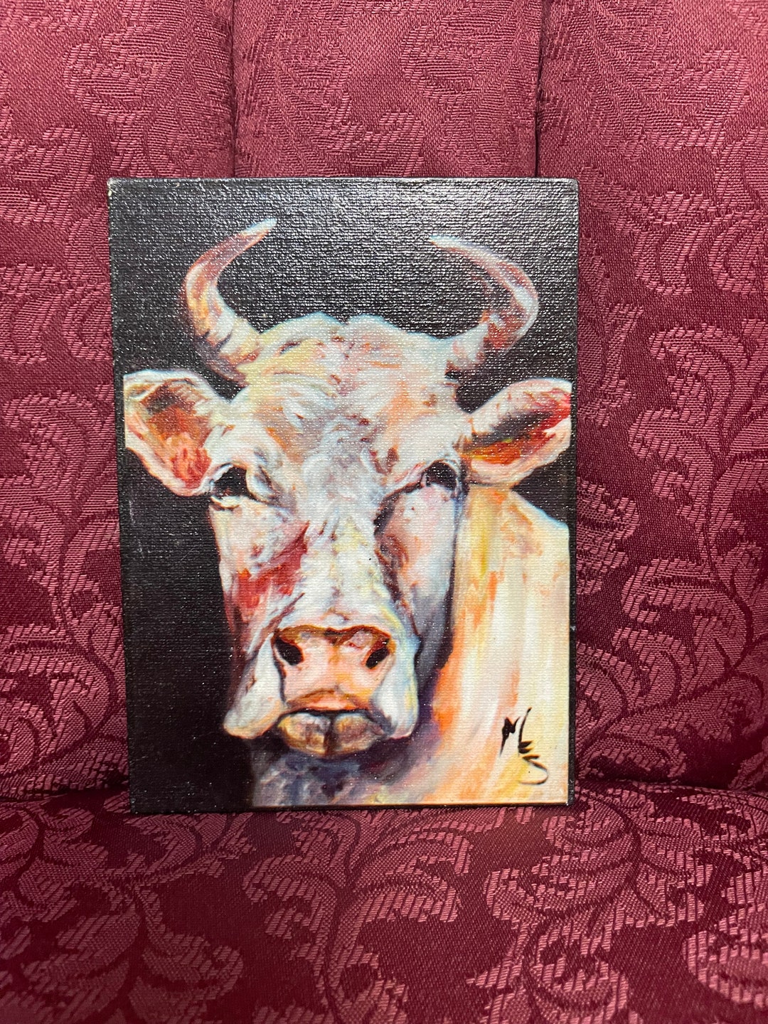 Vintage 1990 Michelle Foy Sucaet Picture of a Bull Signed 7 by 5 Inches ...