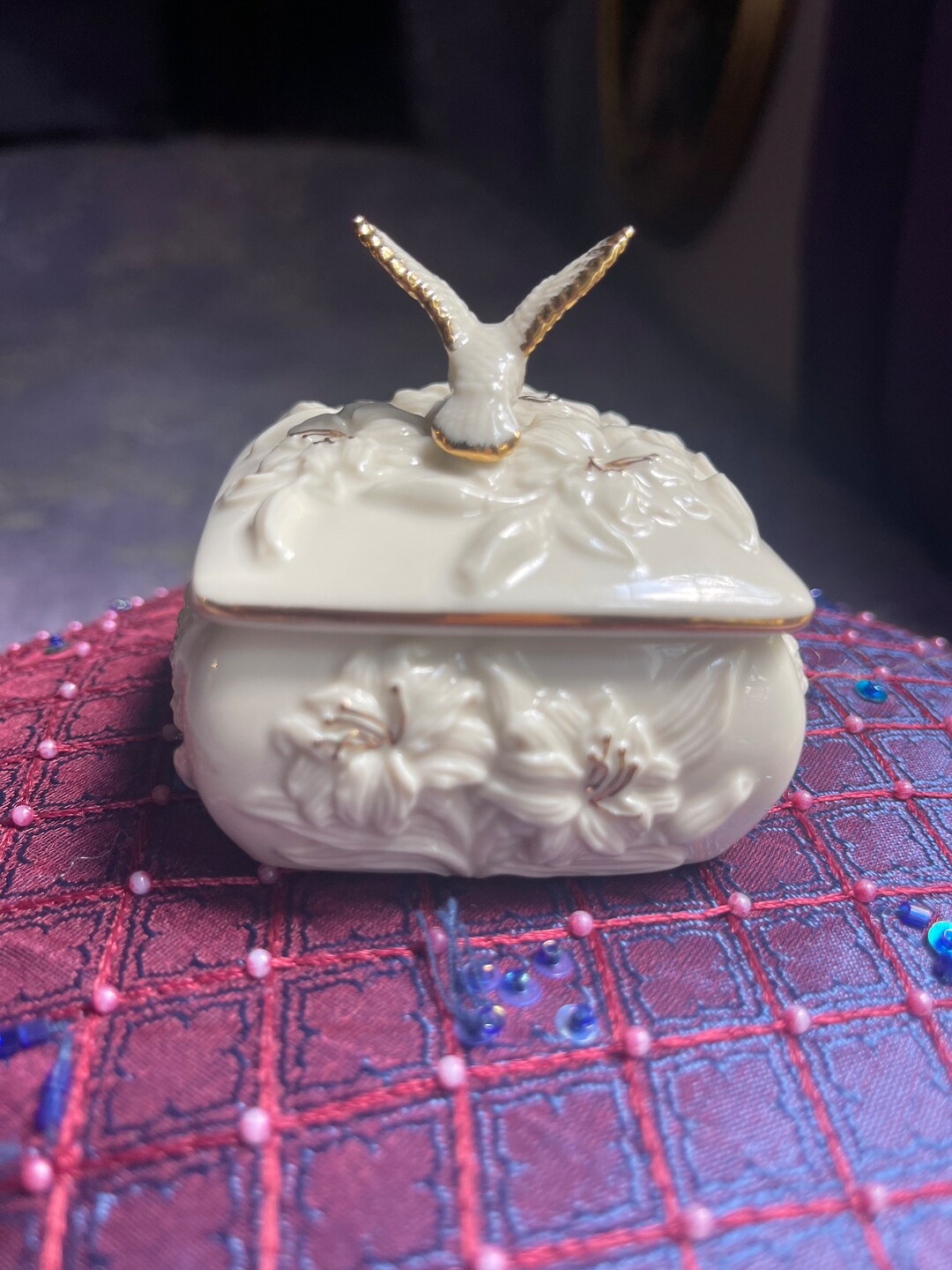 Vintage 1990 LENOX Porcelain Hummingbird on Flowers Tiny Trinket Box ...